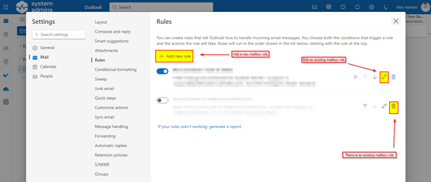 Edit a mailbox rule in Outlook through webmail – System Admins