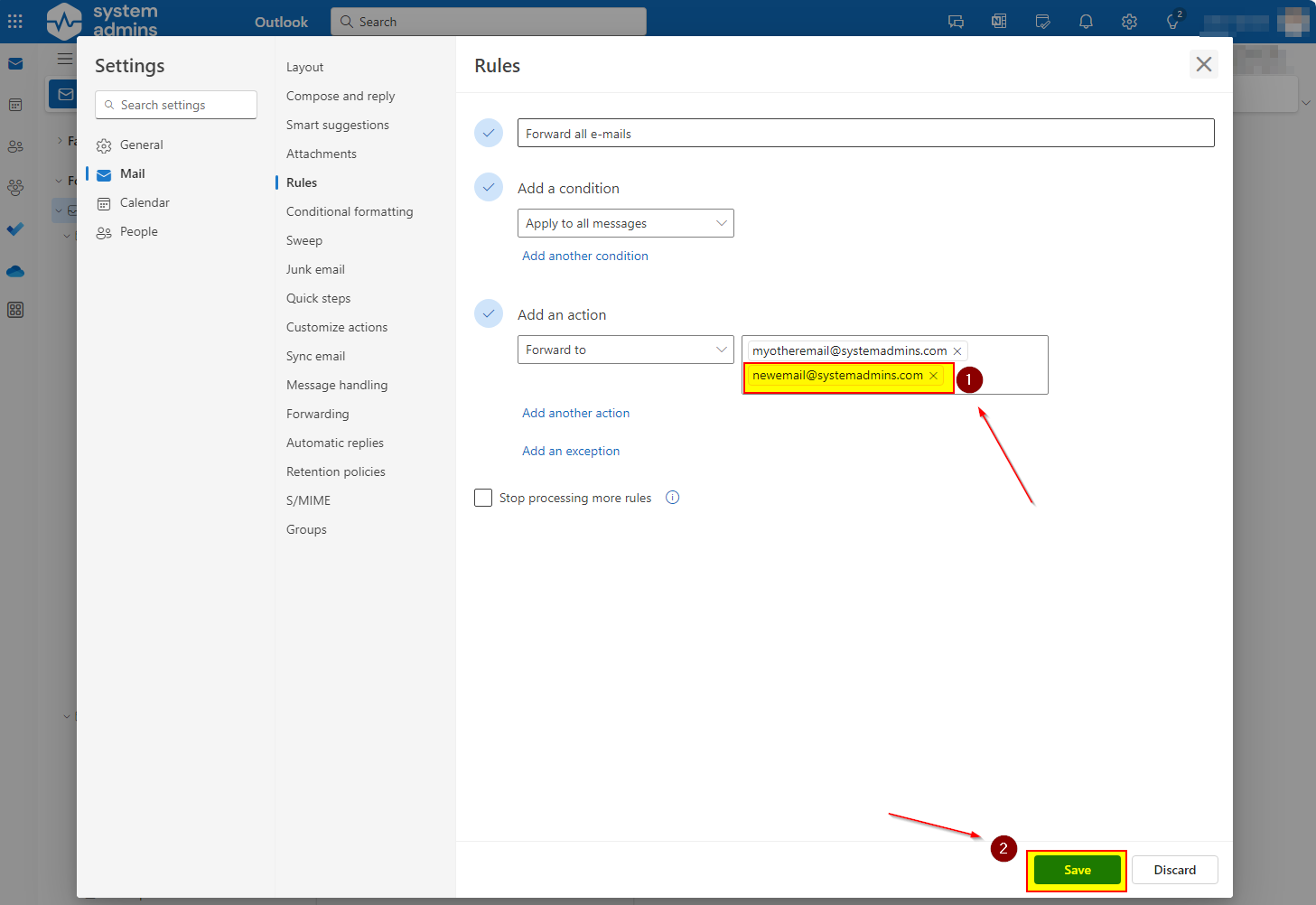 Edit a mailbox rule in Outlook through webmail – System Admins